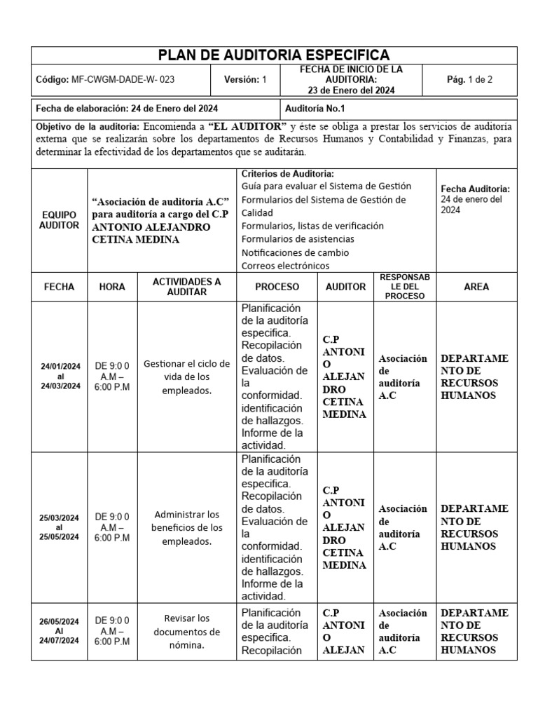Cedula de Planeacion | PDF | Auditoría | Contralor