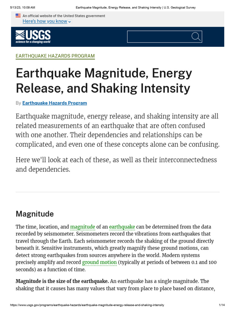 Earthquake Magnitude, Energy Release, and Shaking Intensity - U.S ...