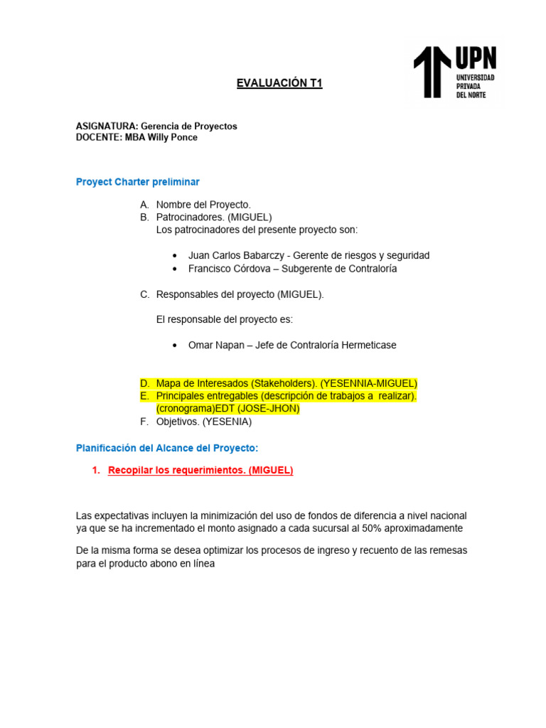 Estructura T1 Gerencia de Proyectos - UPN (2) - Avance | PDF | Software ...