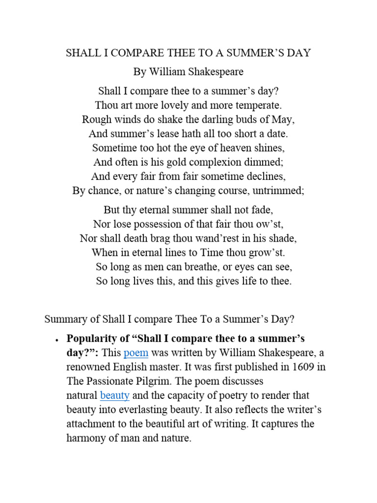 Shall I Compare Thee To A Summer's Day | PDF | Poetry | Poetics