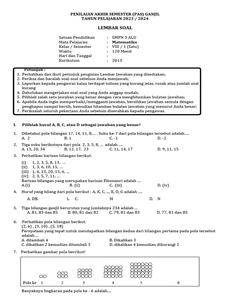 Soal Pas MTK Kls 8 k13 Sem 1 | PDF