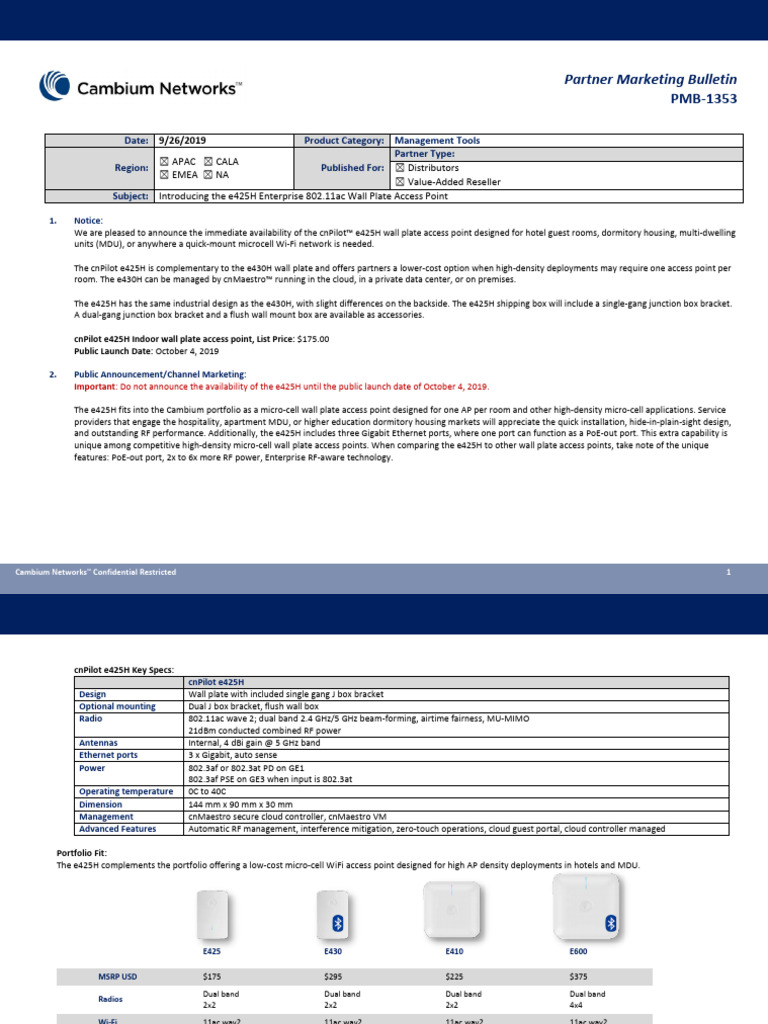 PMB-1353 Introducing E425h Enterprise Wallplate Access Point | PDF ...
