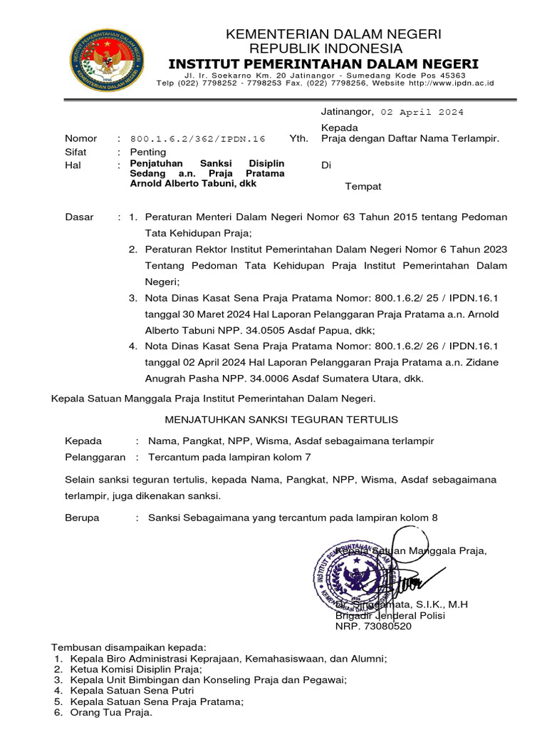 Surat Penjatuhan Sanksi Praja Pratama Arnold Alberto Tabuni | PDF