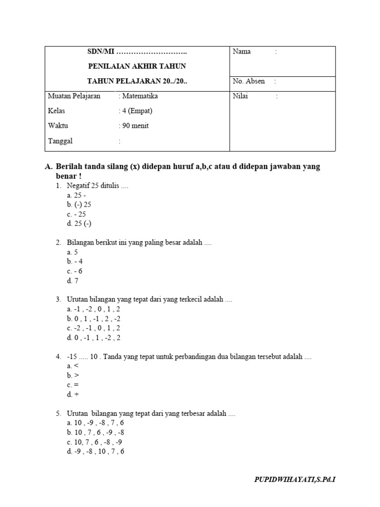 Soal PAT Matematika Kelas 4 LATIHAN 2 | PDF | Griya & Taman