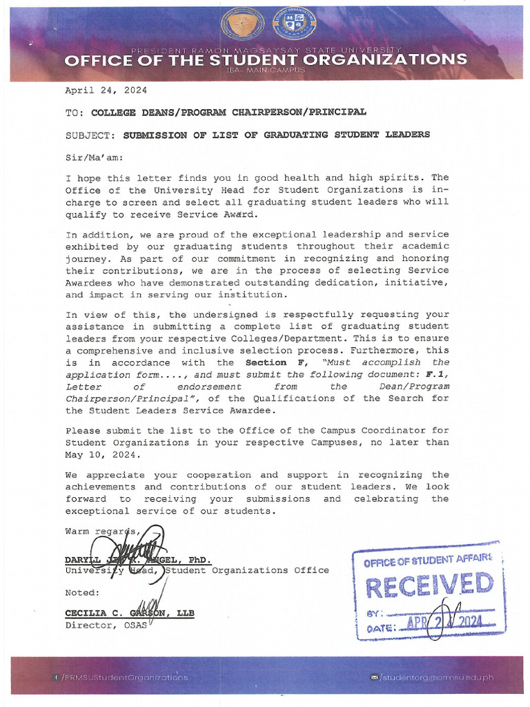Submission of List of Graduating Student Leaders | PDF