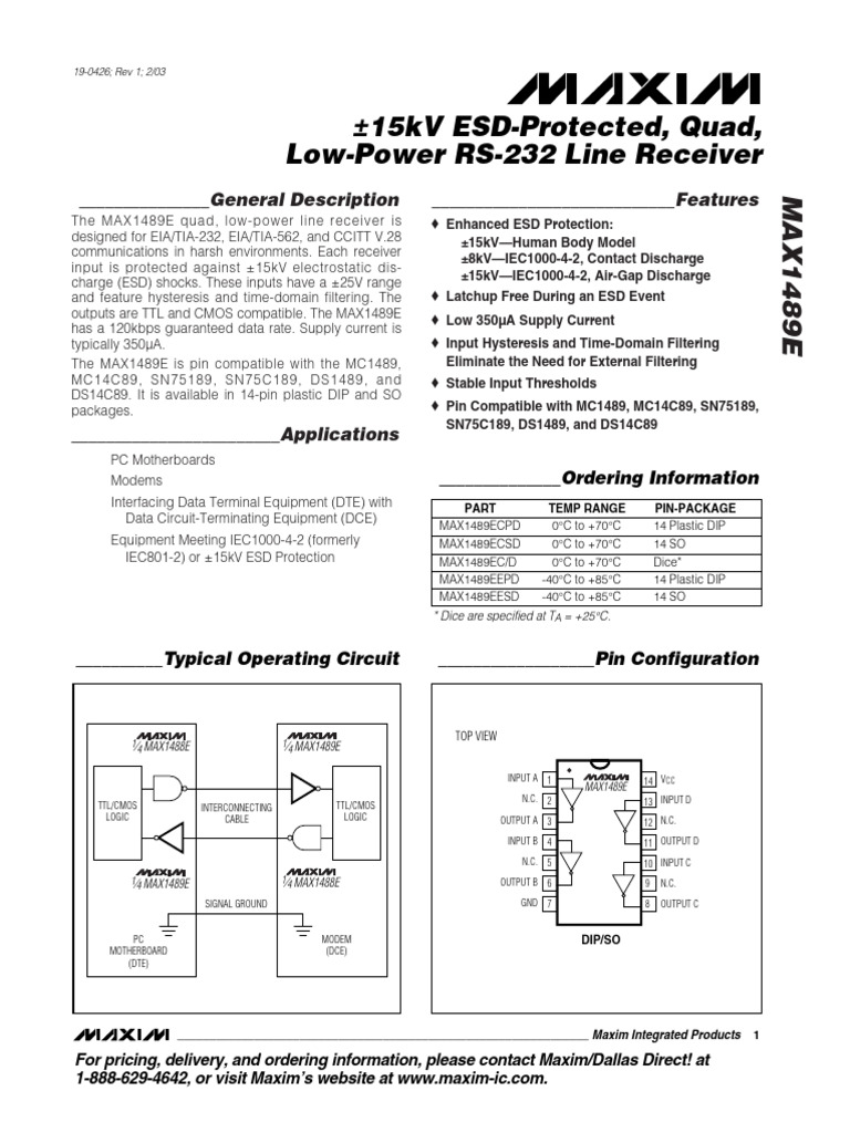 MAX1489E: Quad Low-Power RS-232 Receiver | PDF | Electronic Engineering ...