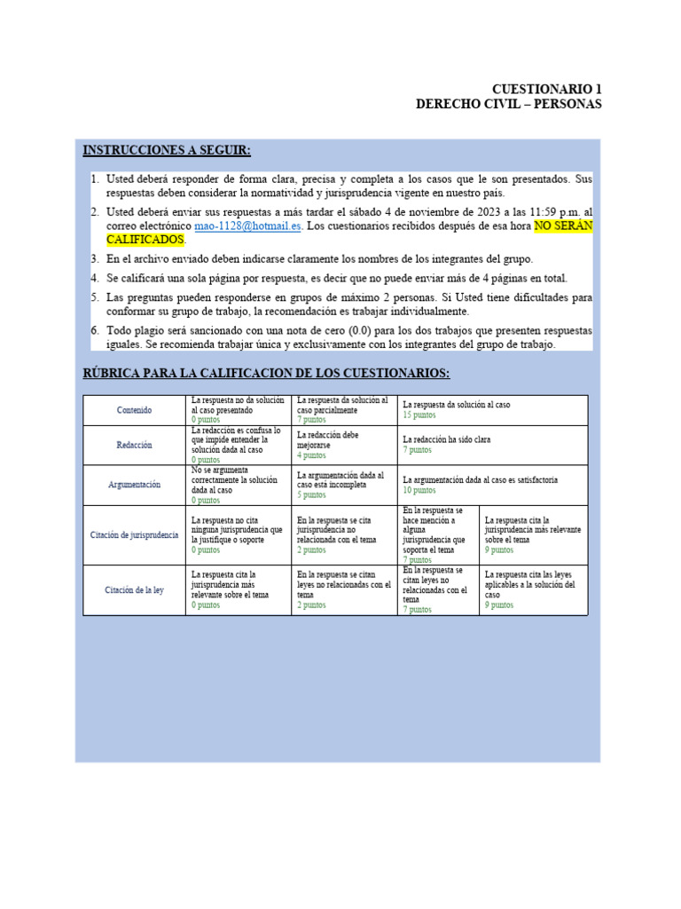 Cuestionario Derecho Civil: Personas | PDF | Prisión