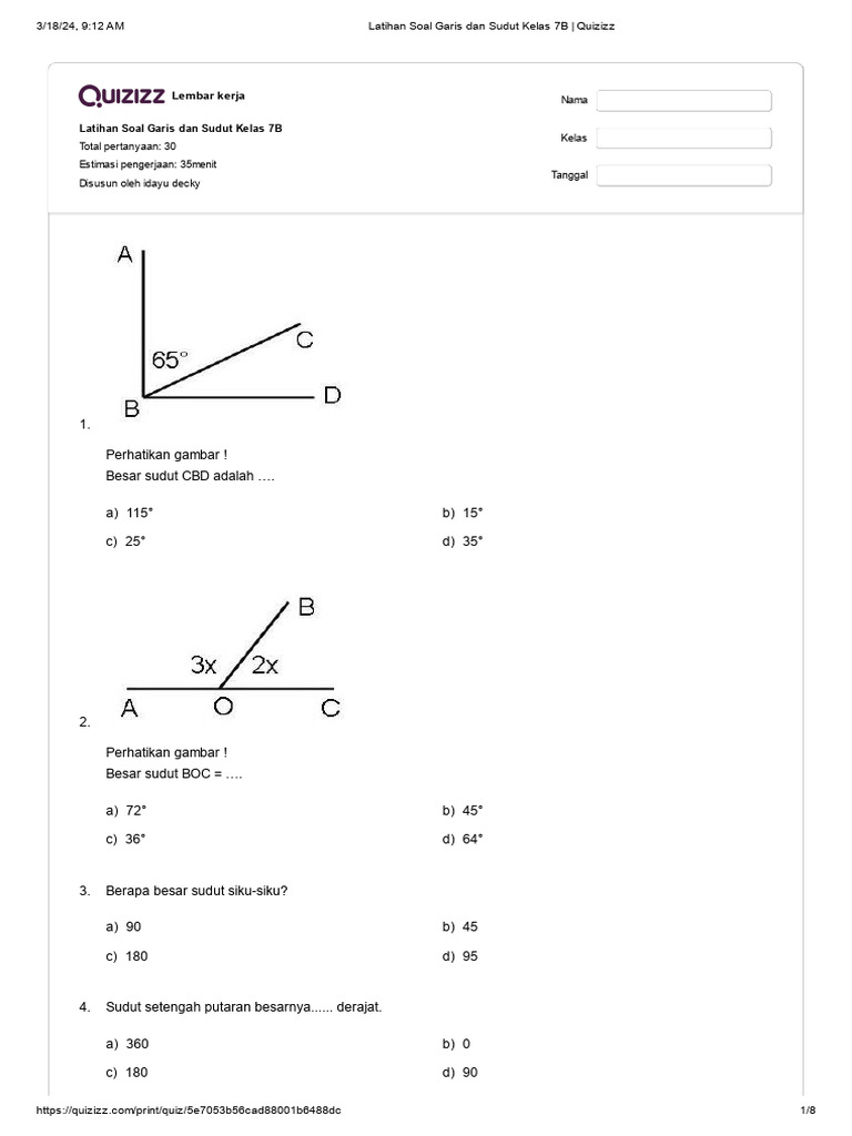 Latihan Soal Garis Dan Sudut Kelas 7B | PDF