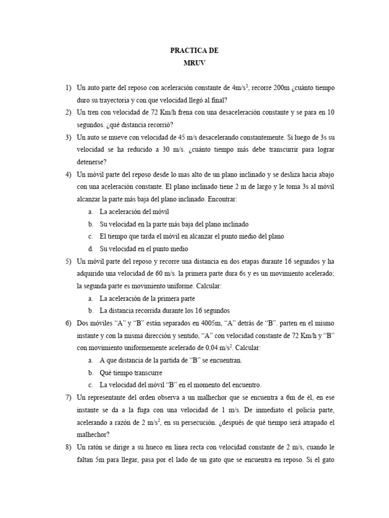 PRACTICA DE Mruv | PDF | Velocidad | Aceleración