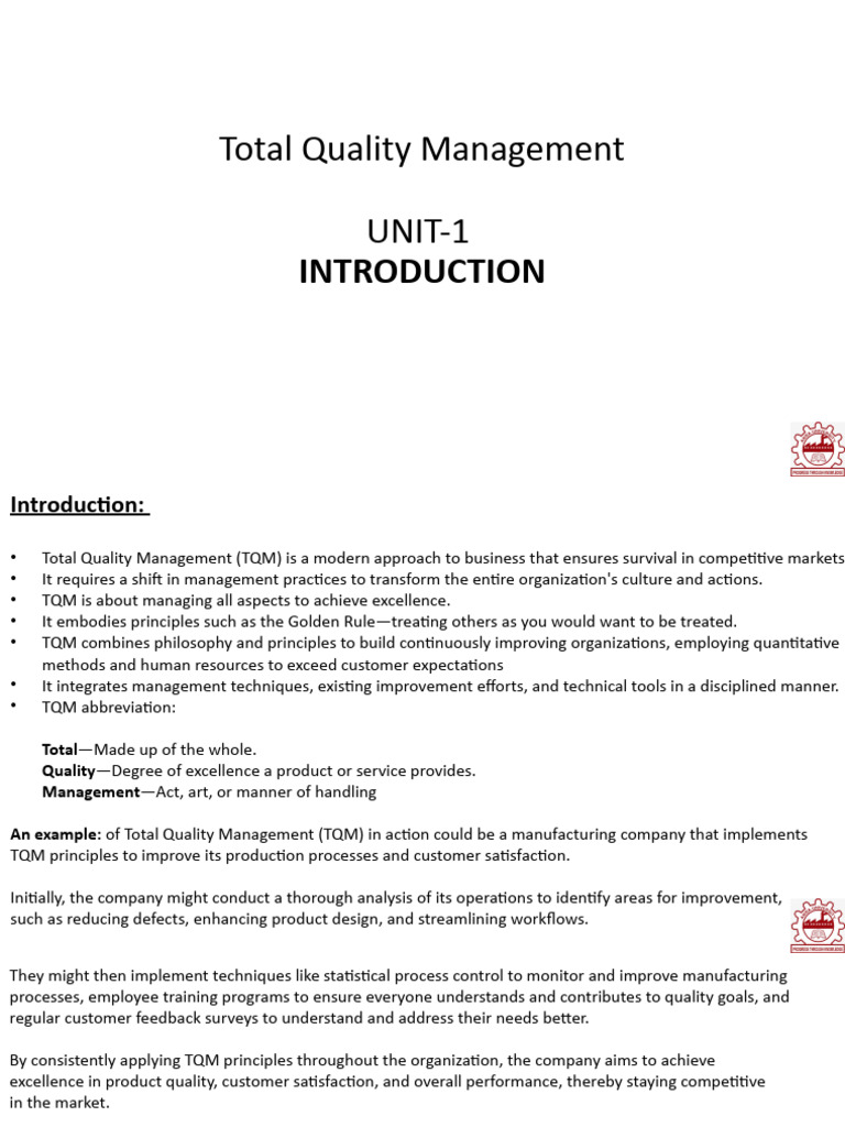 Total Quality Management Unit 1 | PDF | Quality Management | Quality ...