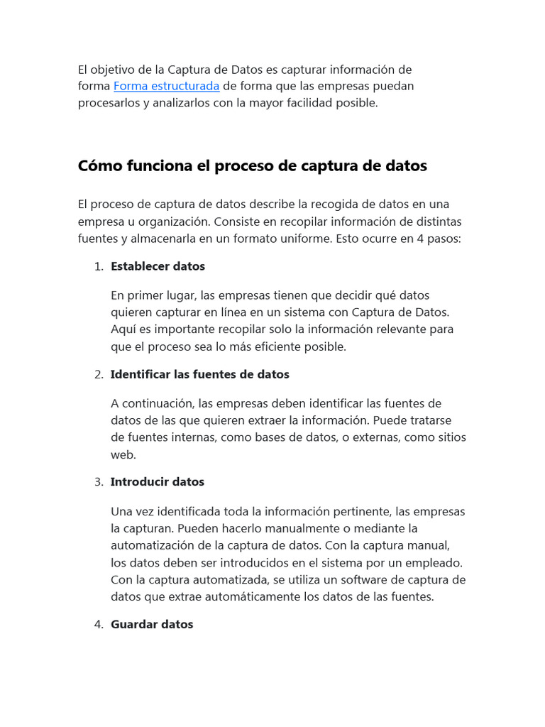 El Objetivo de La Captura de Datos Es Capturar Información de Forma | PDF | Negocios