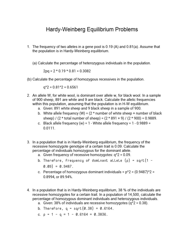 Hardy-Weinberg Equilibrium Problems | PDF | Zygosity | Dominance (Genetics)