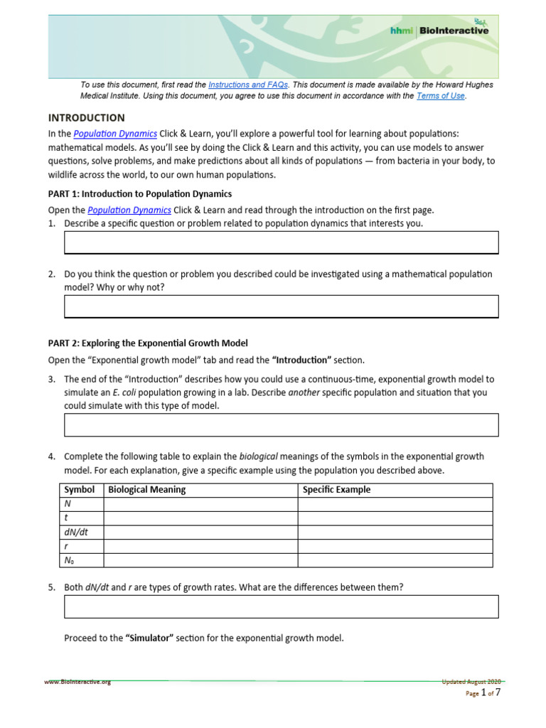 Student Worksheet | Download Free PDF | Logistic Function | Population ...
