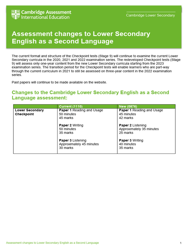 Lower Secondary ESL Assessment Changes | PDF