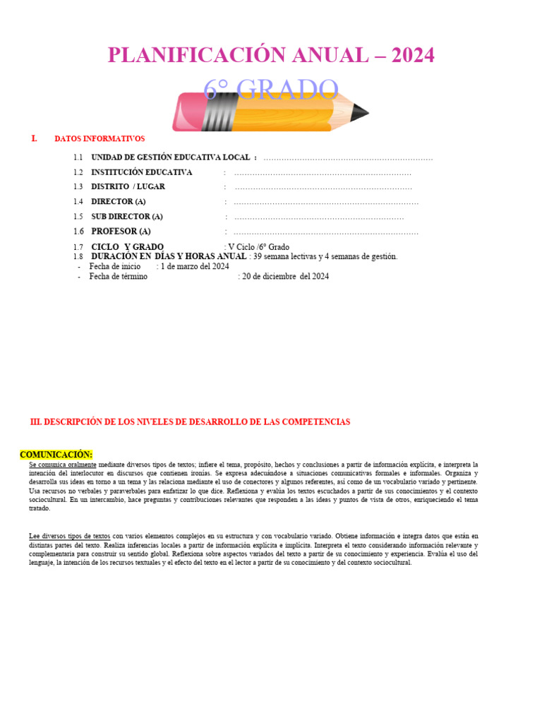 6° PLANIFICACION ANUAL 2024 | PDF | Números | Decimal