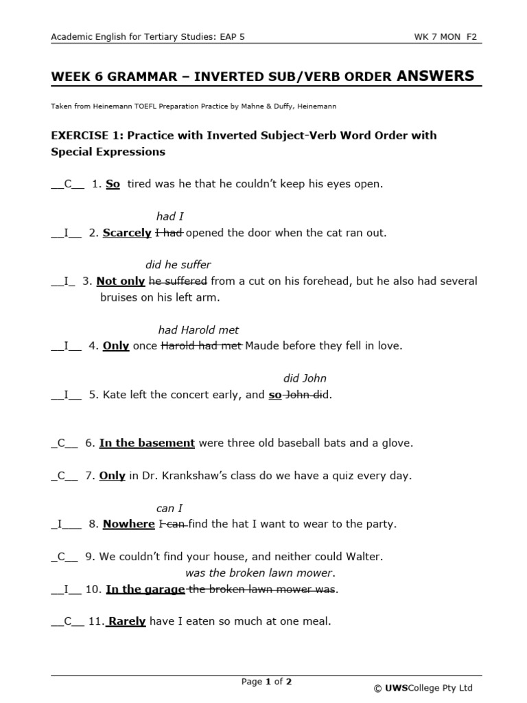 Grammar - Inverted SUB - VERB ORDER - Answers | PDF | Linguistics | Grammar