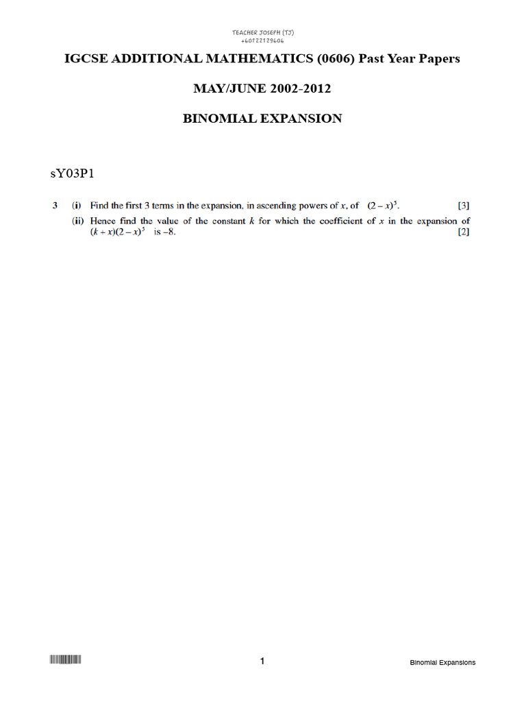 Igcse Addmaths Pyq - Binomial Expansions (Summer) MS | PDF