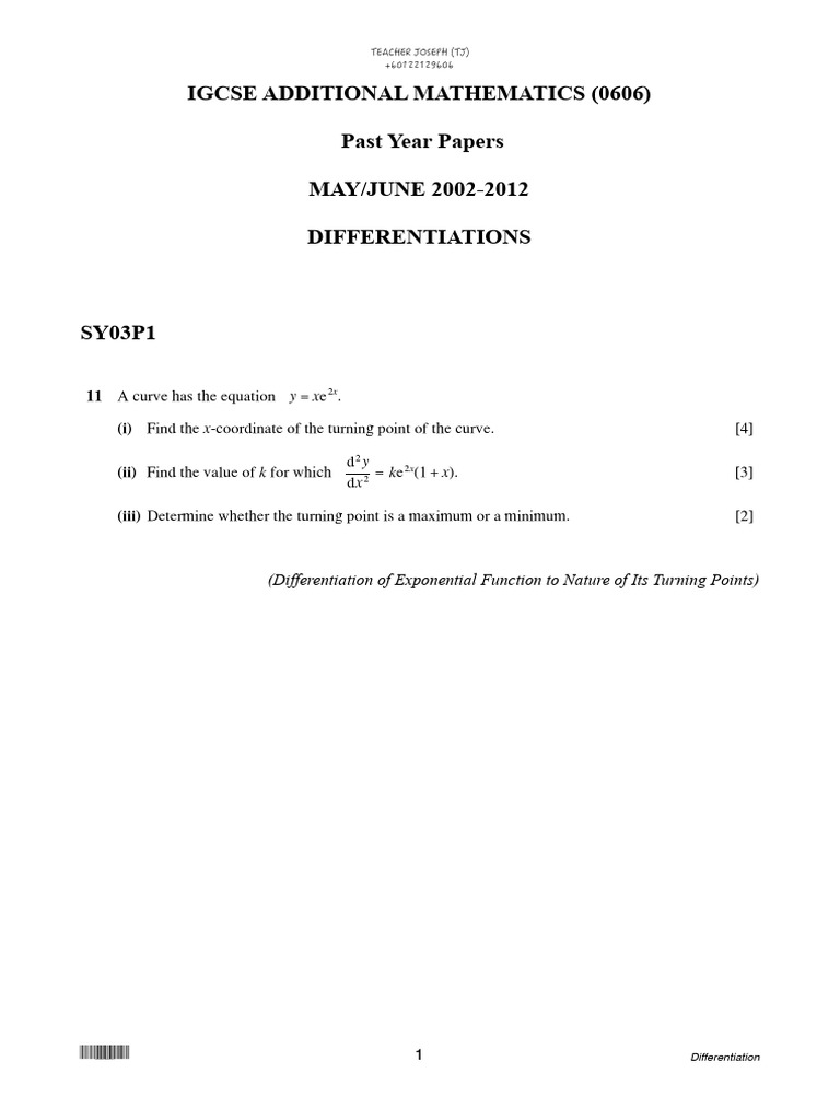 Igcse Addmaths Pyq - Differentiations (Summer) Ms | PDF | Derivative | Equations