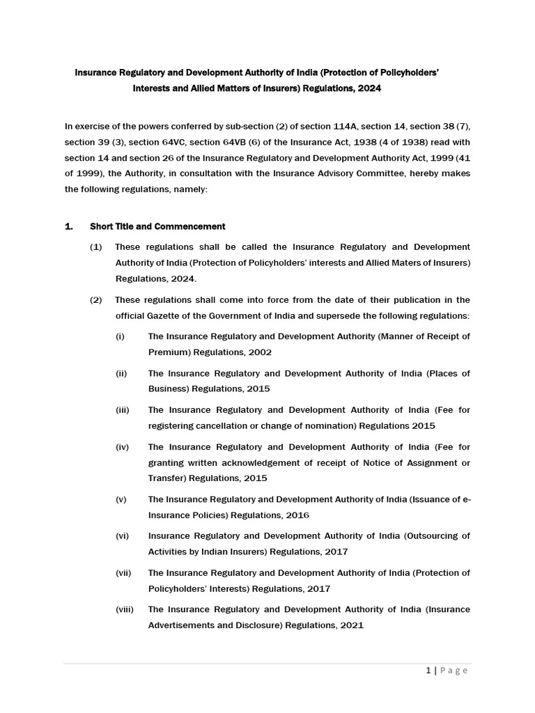Draft IRDAI (Protection of Policyholders' Interests and Allied Matters of Insurers) Regulations ...