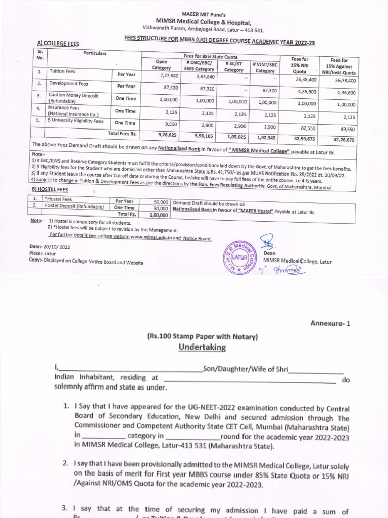 MIMSR Latur MBBS Fees Structure 2022-23 | PDF