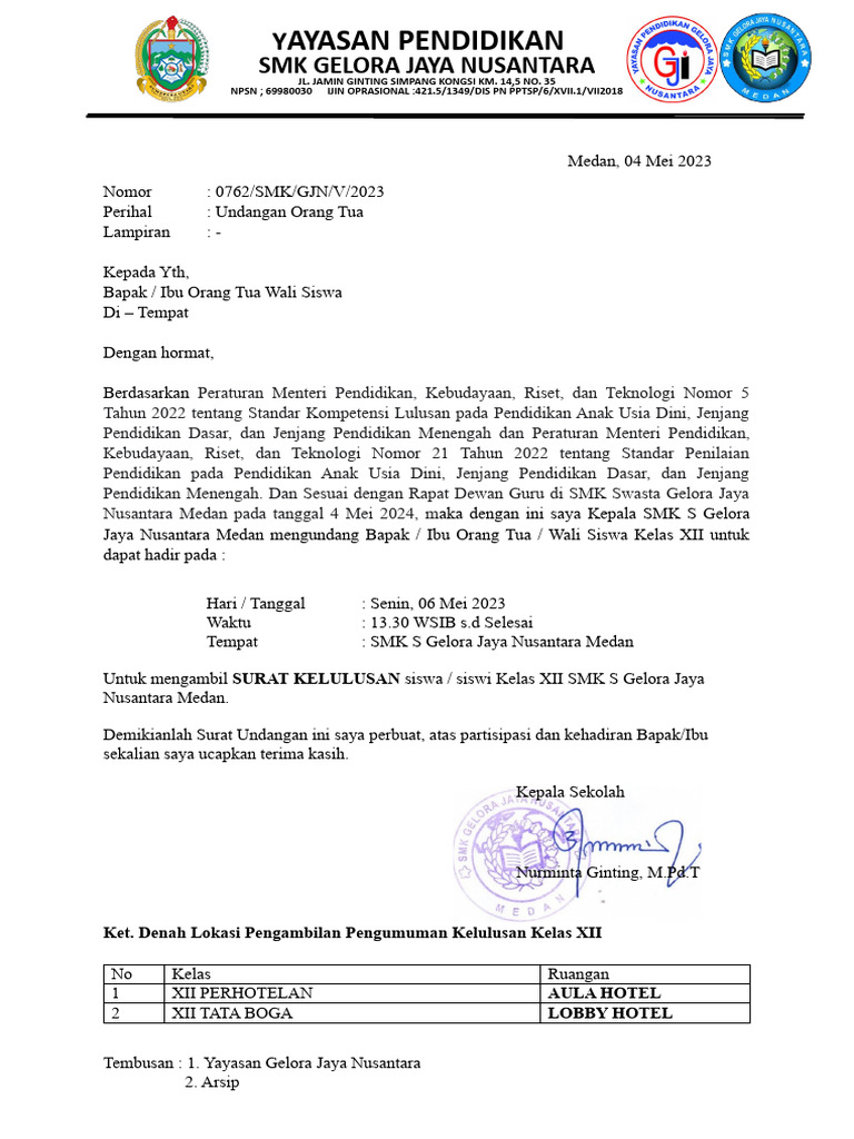 Undangan Pengambilan Surat Kelulusan Kelas XII SMK Gelora Jaya | PDF