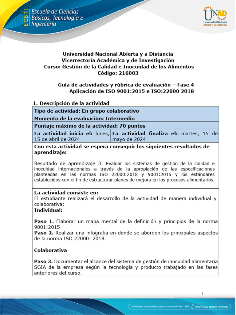 Guía de Actividades y Rúbrica de Evaluación - Unidad 3 - Fase 4 - Aplicación de ISO 9001 2015 e ...