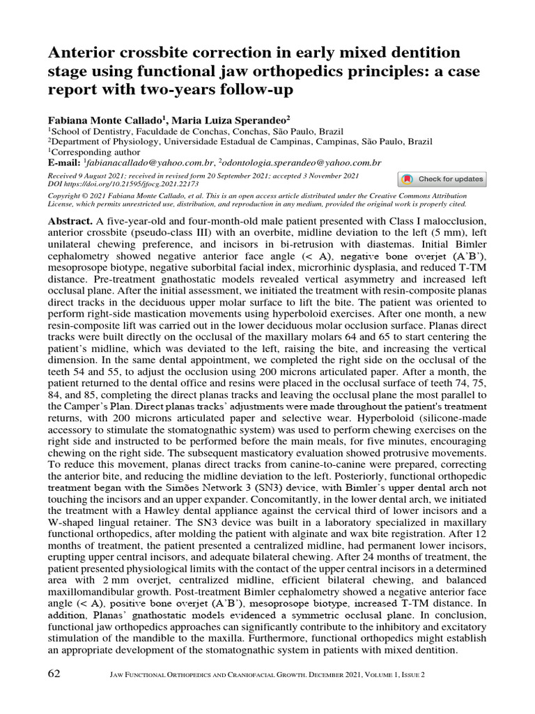 Anterior Crossbite Correction in Early Mixed Dentition Stage Using Functional Jaw Orthopedics ...