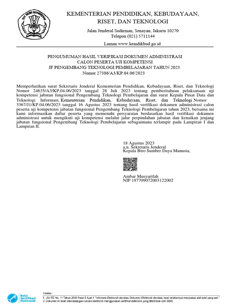 Pengumuman Ujikom PTP 2023 | PDF