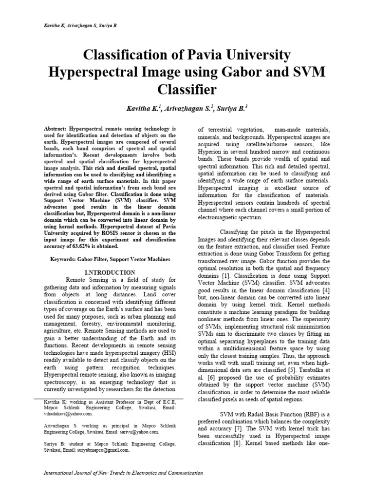 Classification of Pavia University Hyperspectral Image Using Gabor and SVM Classifier | PDF ...