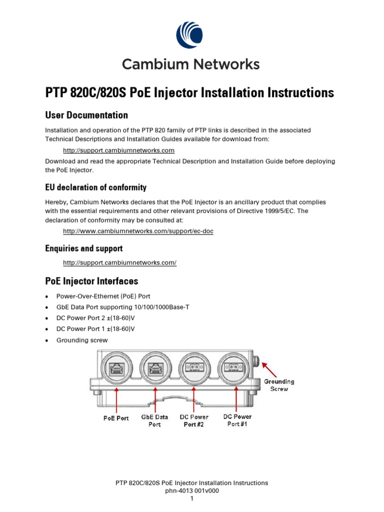 Cambium PTP 820C 820S PoE Injector Installation Instructions | PDF ...