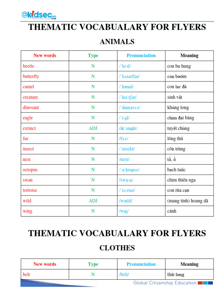 Vocabulary for Flyers (tổng hợp) | PDF