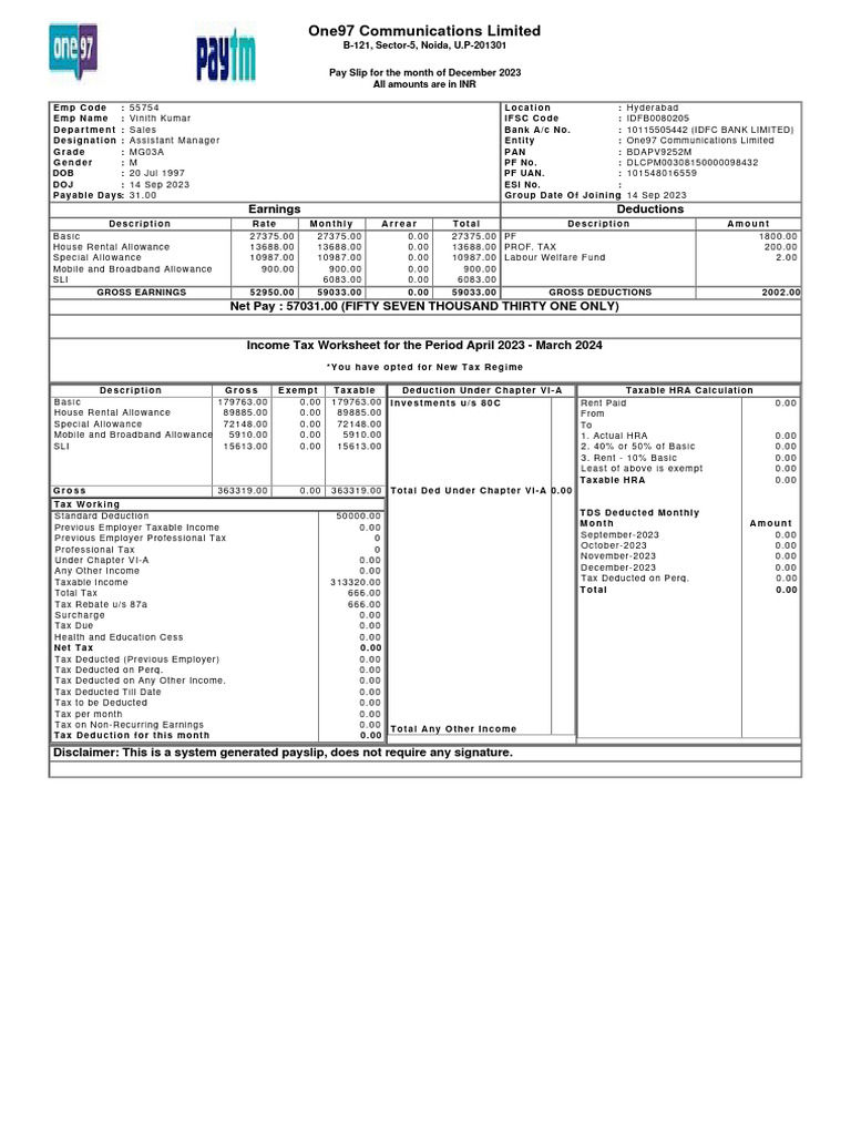 December 2023 Payslip for Vinith Kumar | PDF | Tax Deduction | Taxes