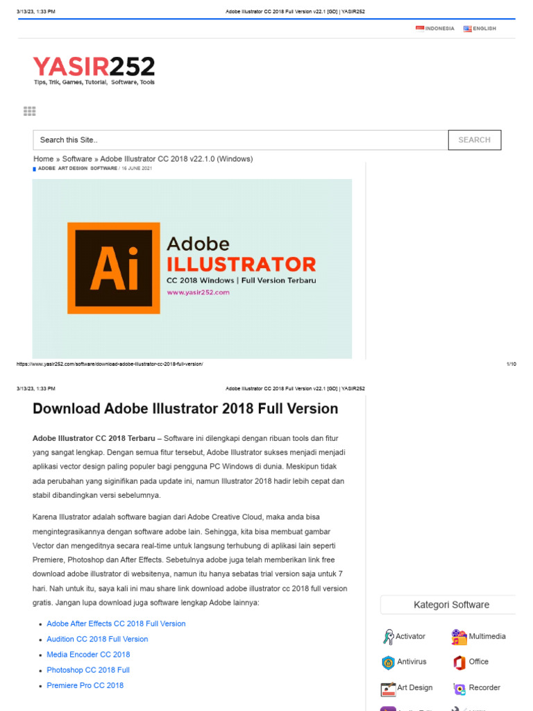 Adobe Illustrator CC 2018 Full Version v22.1 (GD) - YASIR252 | PDF | Komputer