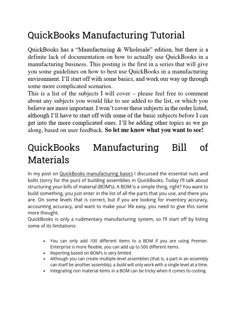 QuickBooks Manufacturing Tutorial | PDF | Inventory | Microsoft Excel