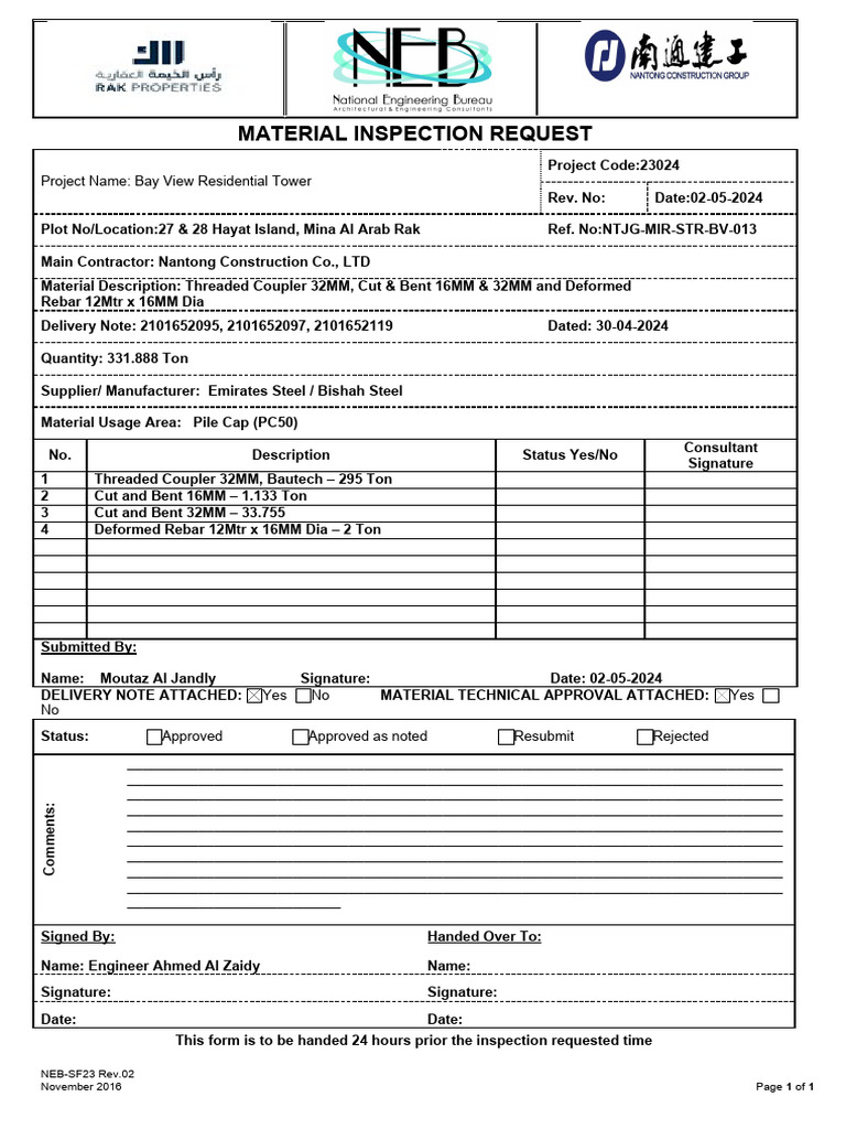 Material Inspection Request for Bay View Tower | PDF | Building ...