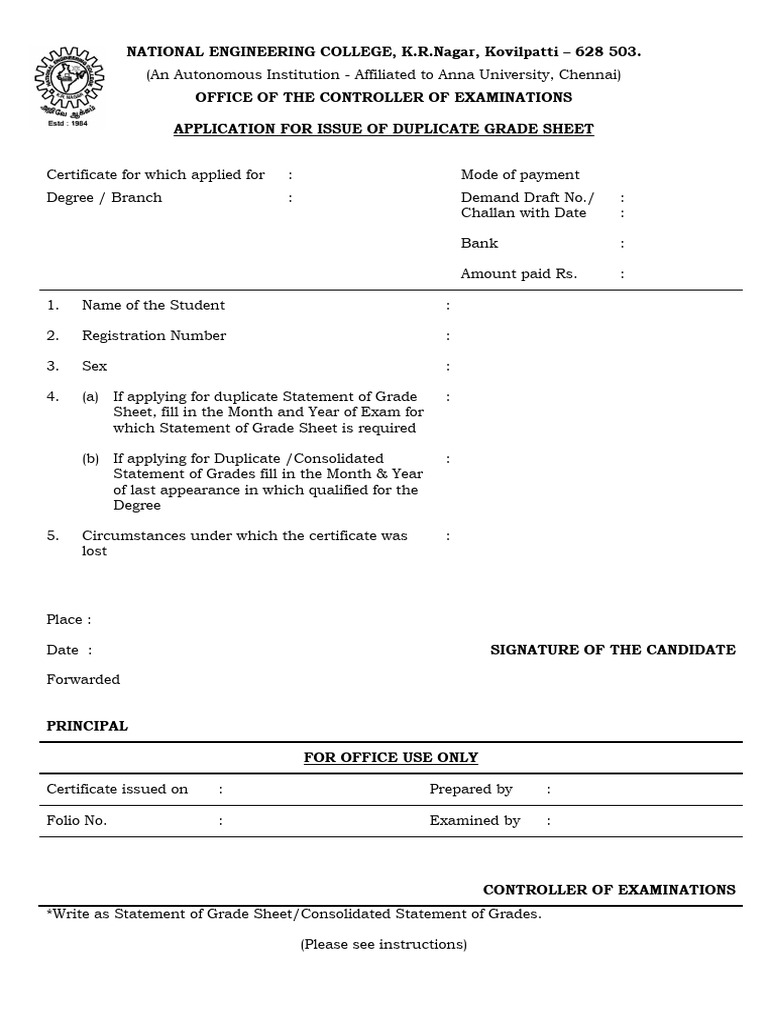 Duplicate Grade Sheet | PDF