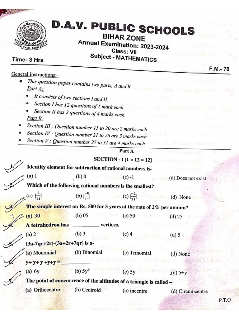 DAV class 7 Maths question paper | PDF
