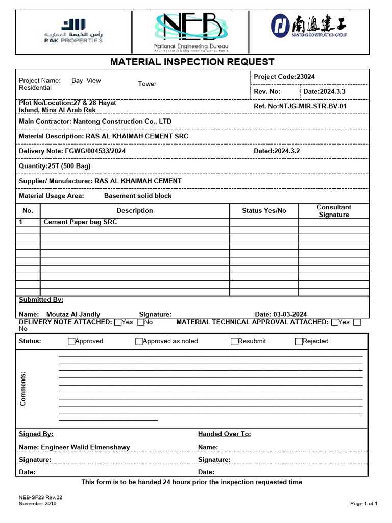 NEB-SF23 Rev.02 Material Inspection Request | PDF