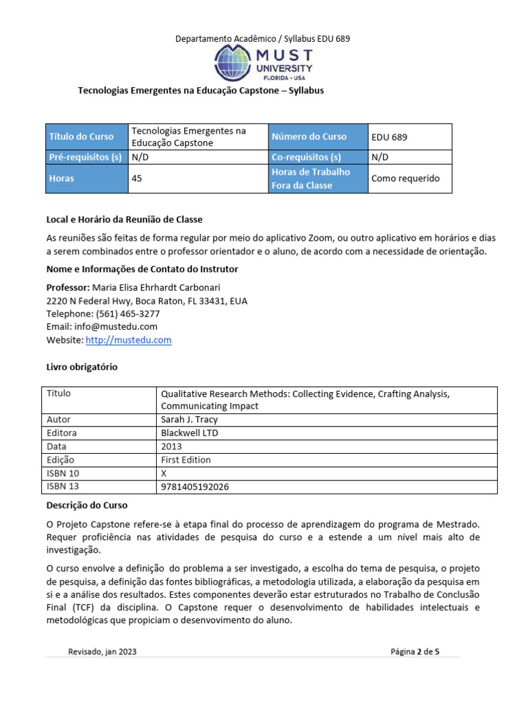 Edu689 Syllabus Capstone 2023 Jan | PDF | Aprendizado | Método científico