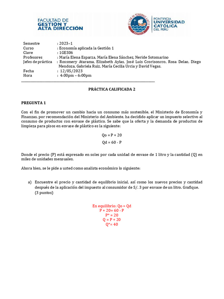 ECO1 - PC2 - 2023.1 - Solucionario (Versión Final) | PDF | Elasticidad (economía) | Microeconomía