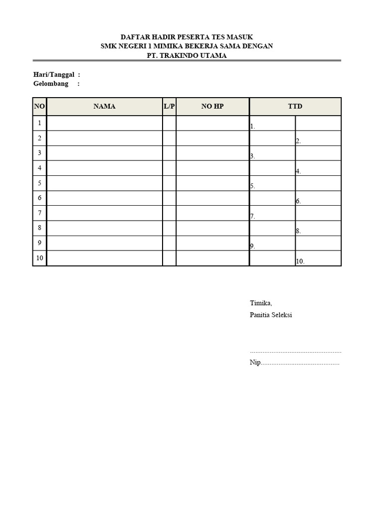 Daftar Hadir Tes Trakindo Timika | PDF