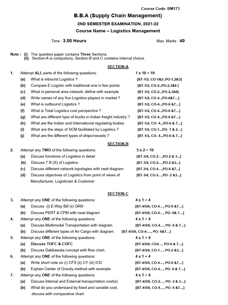 Integral BBA LM Q PPR 22 | PDF | Logistics | Supply Chain Management
