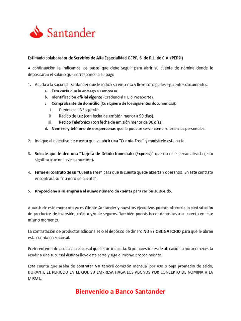 Carta Apertura Cuenta Nomina Santander | PDF | Negocios | Finanzas y dinero