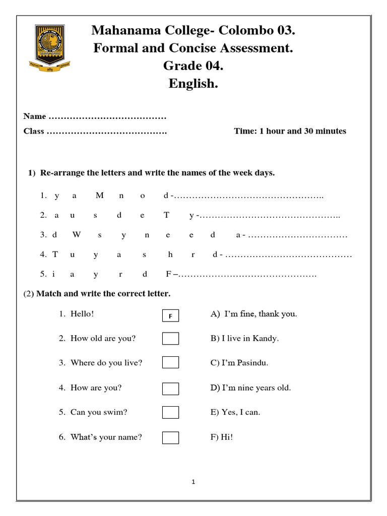 English-Grade-4-Test-Paper | PDF | Language Families | Syntax
