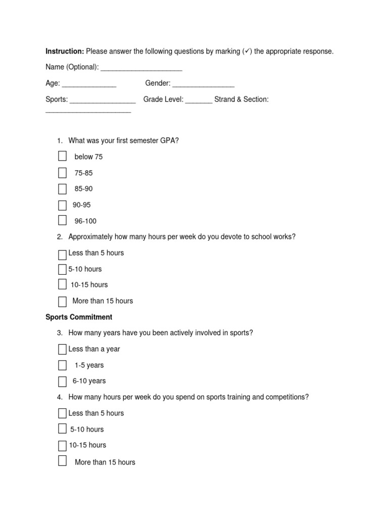 QUESTIONNAIRES - Students Athletes 1 | Download Free PDF | Sports ...