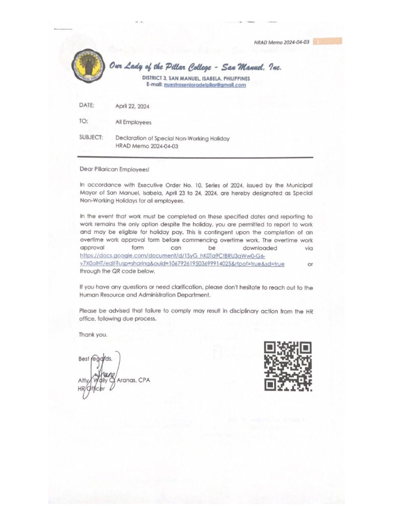 HRAD-Memo-2024-04-03-Declaration-of-Special-Non-Working-Holiday | PDF