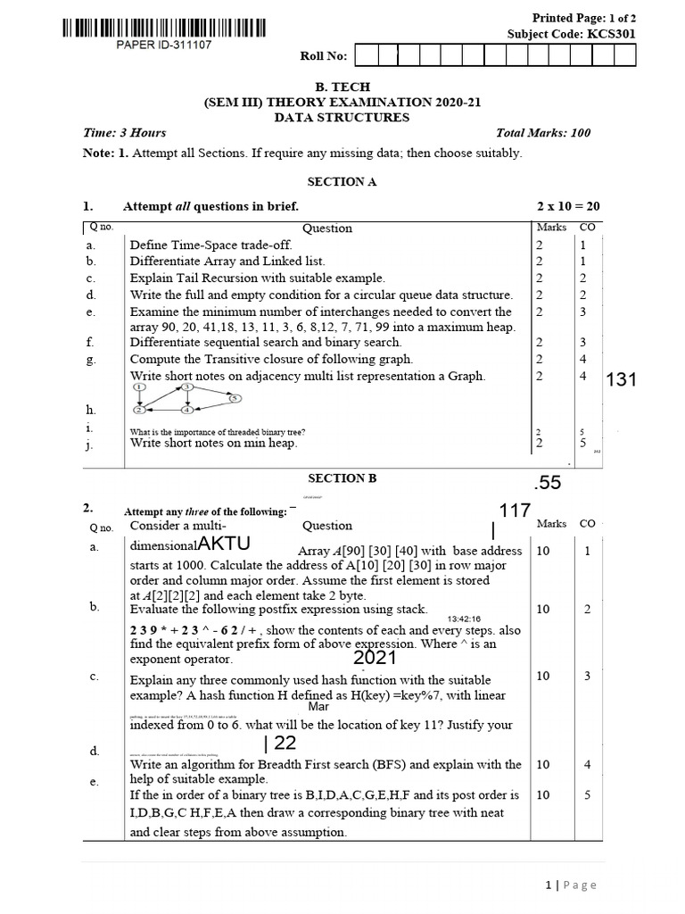 Time: 3 Hours: Roll No | PDF | Matrix (Mathematics) | Algorithms And Data Structures