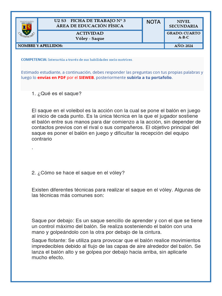 UNIDAD 2 SESION 3 - FICHA DE TRABAJO N3 Voley - Saque | PDF | Vóleibol
