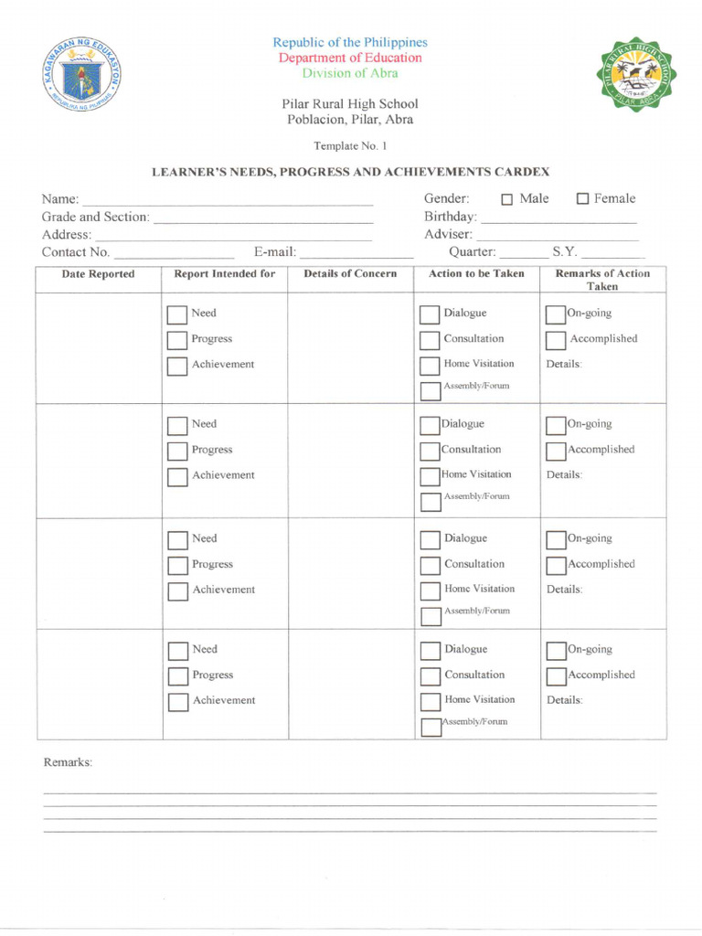 Learners Needs, Progress and Achievement Cardex | PDF