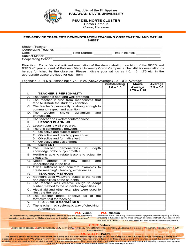 Demo Teaching Observation Rating Sheet | PDF | Teachers | Learning